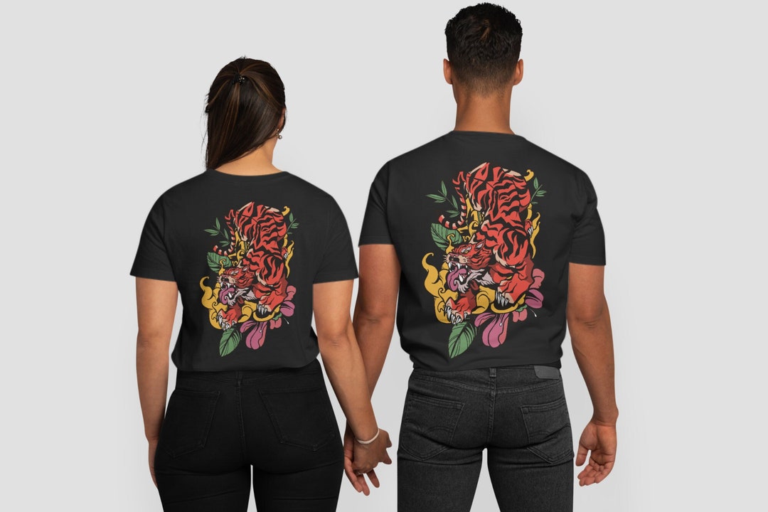 Japanese Traditional Red Orange Tiger Floral Light Pink Cherry Blossom ...