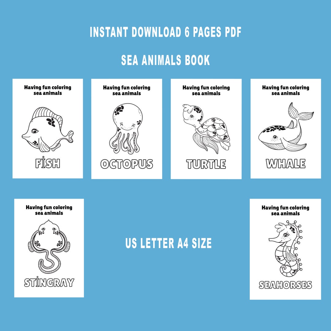 Libro para colorear de animales marinos 6 páginas para niños - Etsy España