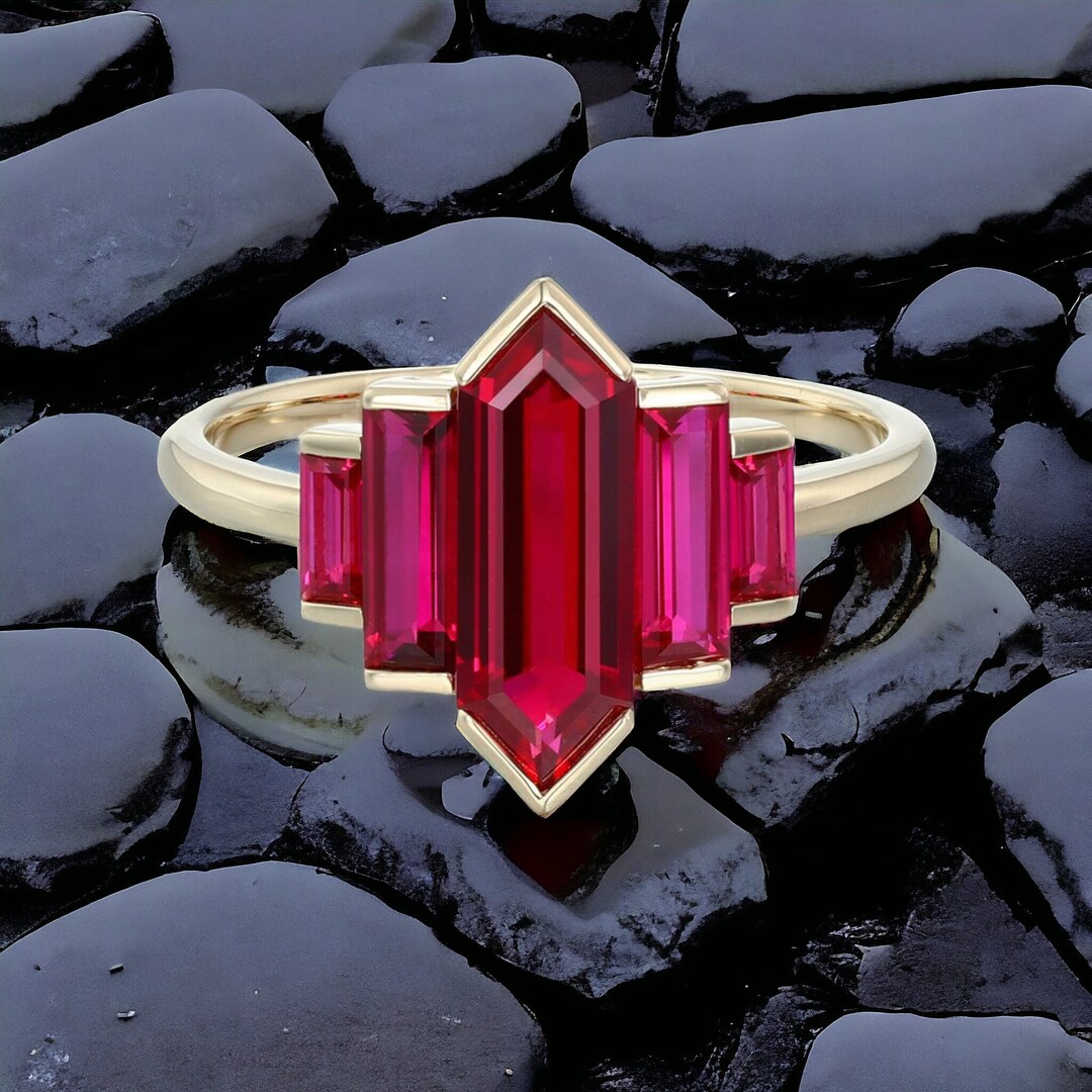 Hexagon Cut Ruby Engagement Ring Unique Rose Gold Bezel Set Sterling ...