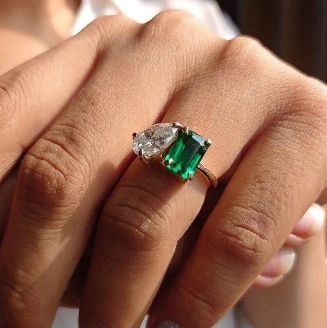 Emerald Cut Double Stone Engagement Emerald Ring 2 Stone Wedding Ring ...