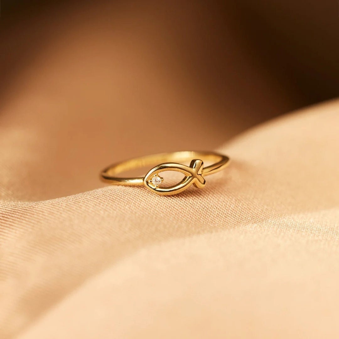 Diamond Fish Ring / 14K Gold Diamond Ichthys Fish Ring / Gold Christianity Symbol Fish Ring ...