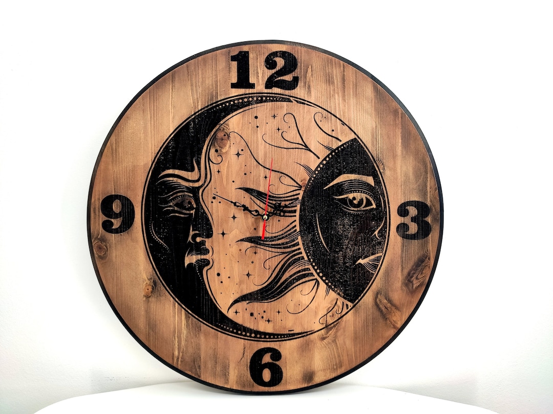 Large Wooden Wall Clock, Sun and Moon Clock, Unique Wall Clock, Custom ...