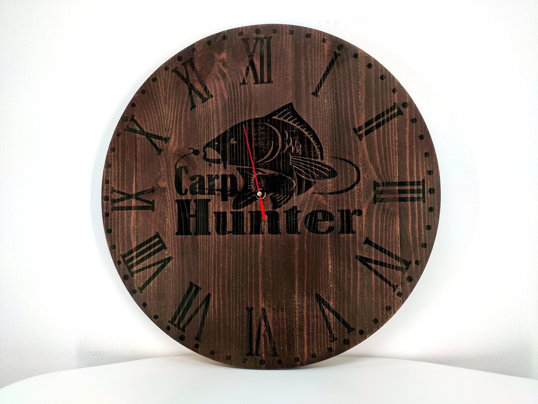 Wooden Wall Clock Carp Hunter, Fishing Wall Clock, Large Brown Circle ...