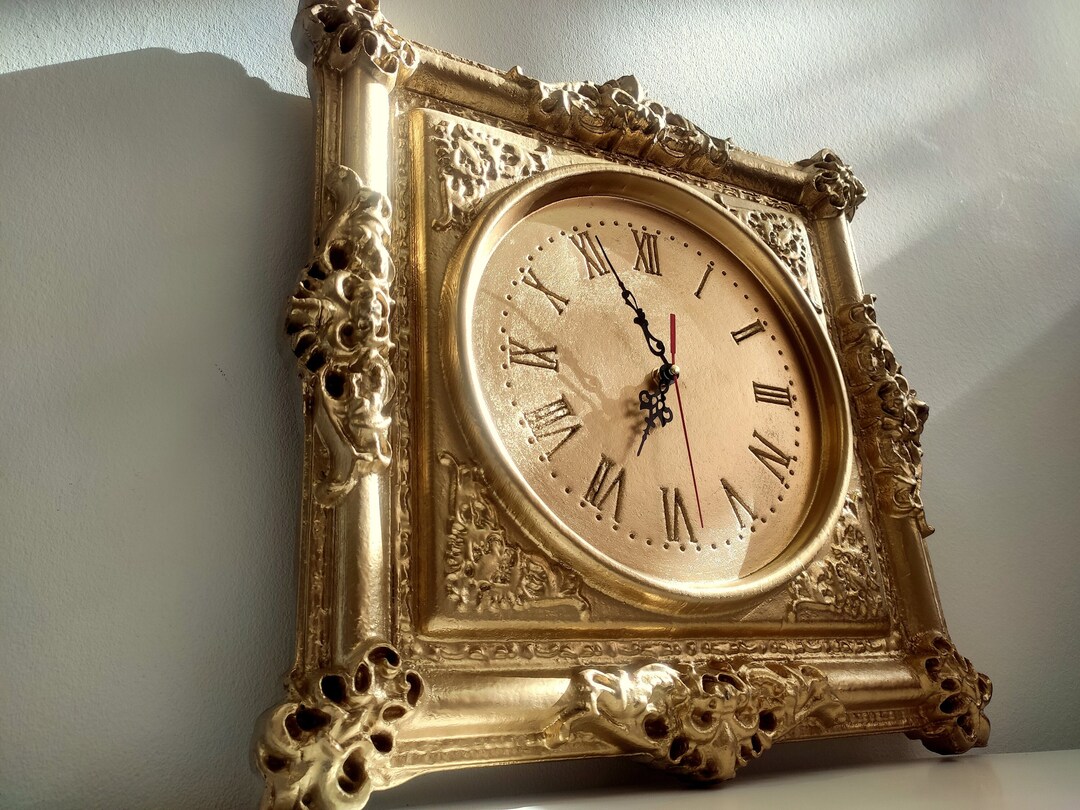 Antique Carved Wooden Wall Clock, Rectangular Clock, Golden Clock ...