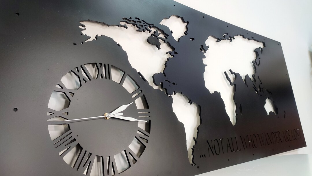 Oversized Wooden Wall Clock the World Map, Modern Clock, Carved Clock ...