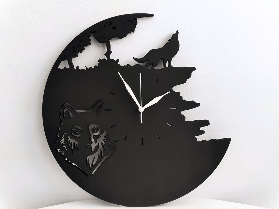 Wooden Wall Clock With Wolves, Modern Black Clock, Wolf Clock for Wall ...