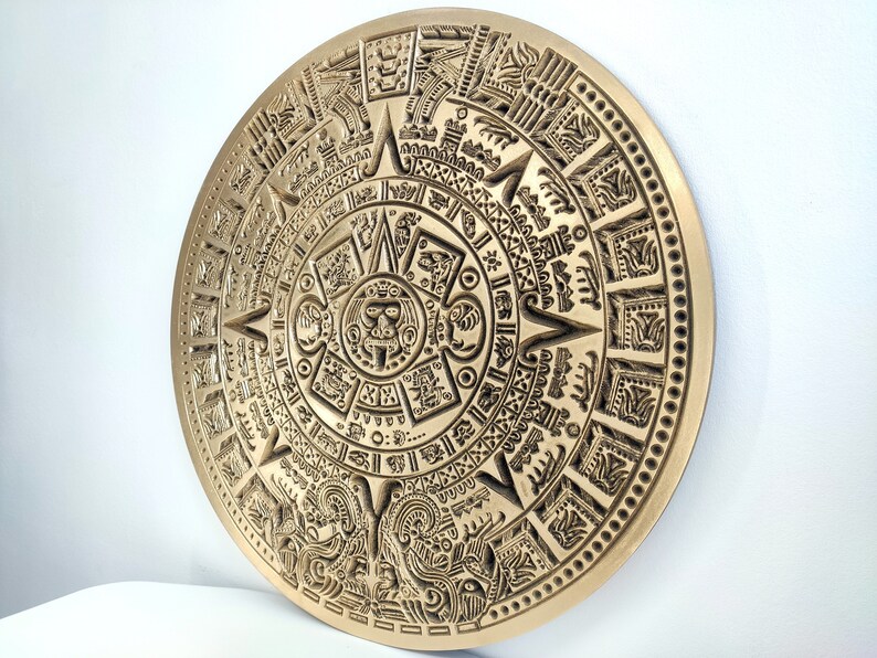 Large Wooden Mayan Calendar, Golden Aztec Calendar, Ancient Mayan Decor ...