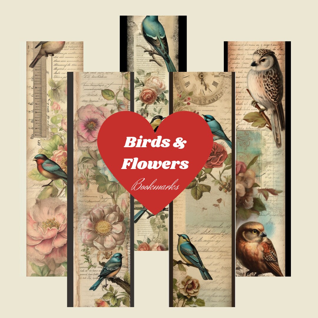 Cute Birds and Flower Bookmark Set, Digital Bookmark, Bird Bookmark ...