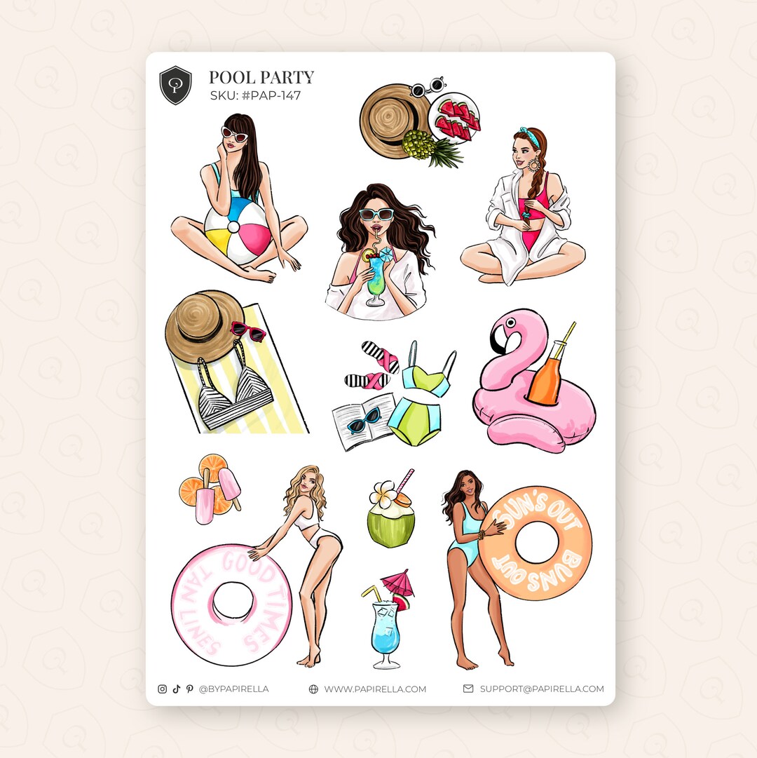 POOL PARTY Sticker Sheet / Bujo Stickers, Planner Stickers, Pool Day ...