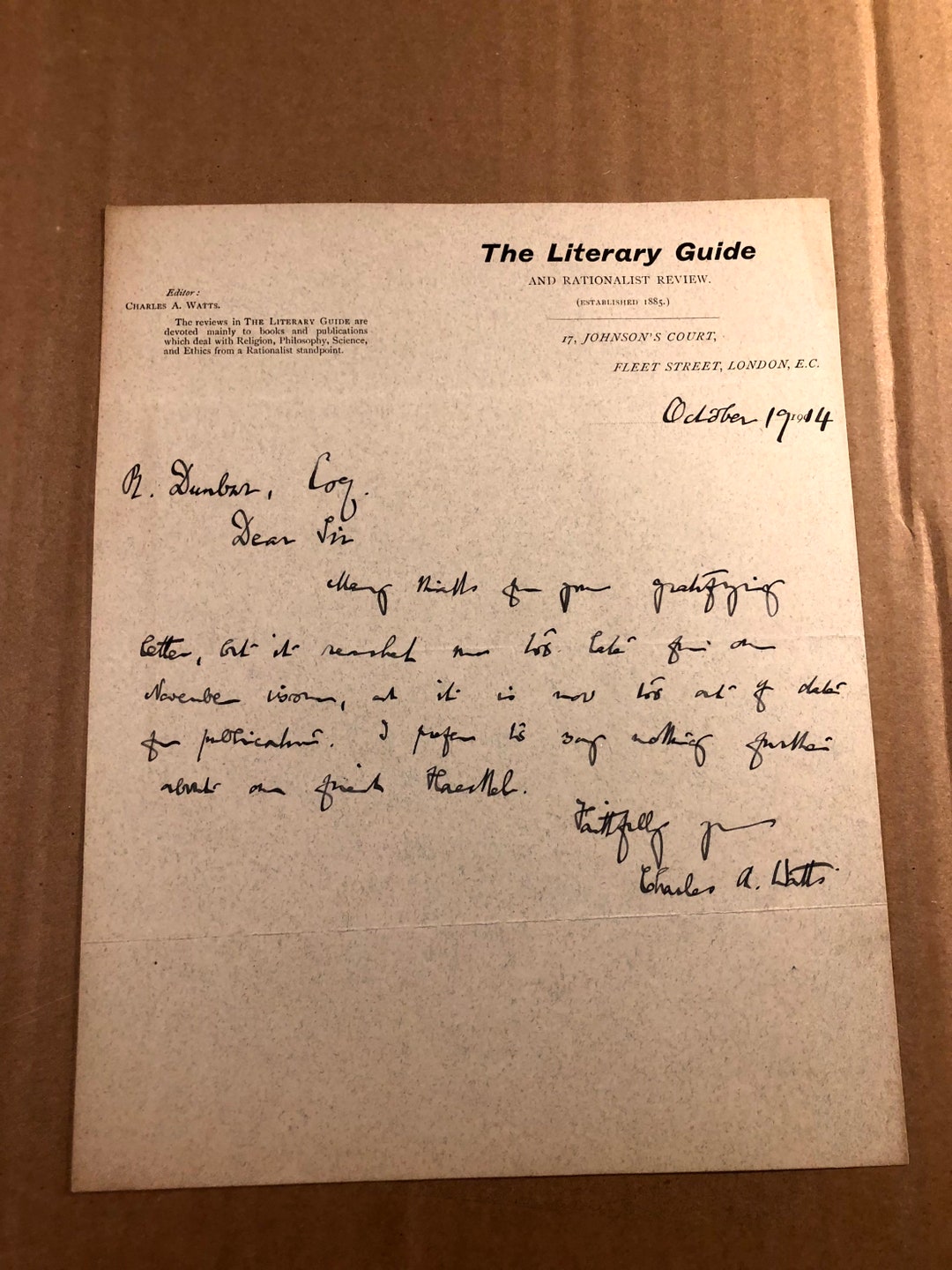 Charles Albert Watts Rare Autographed Letter Literary Guide '14 - Etsy
