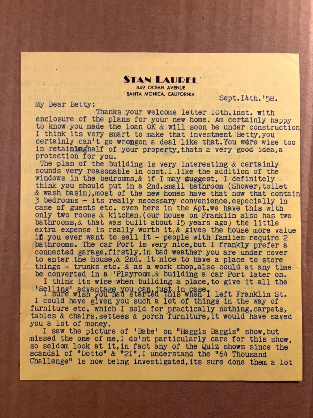 Rare Stan Laurel Autographed 2 Page Letter From 1958 Game Show Scandals ...