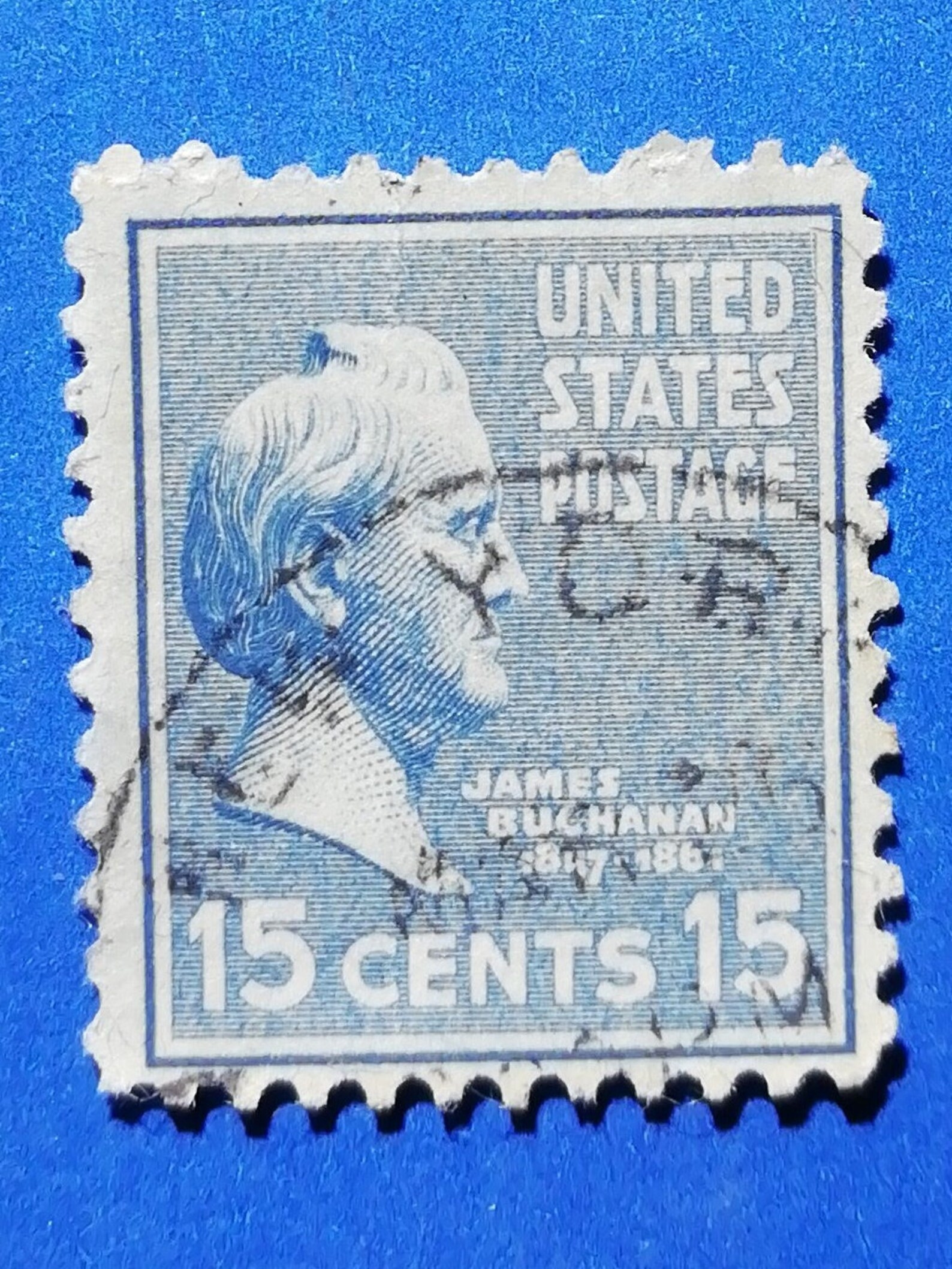 1938 USA ,US Postage, James Buchaman 15 Cent Stamp. Blue. Dry Ink Error ...