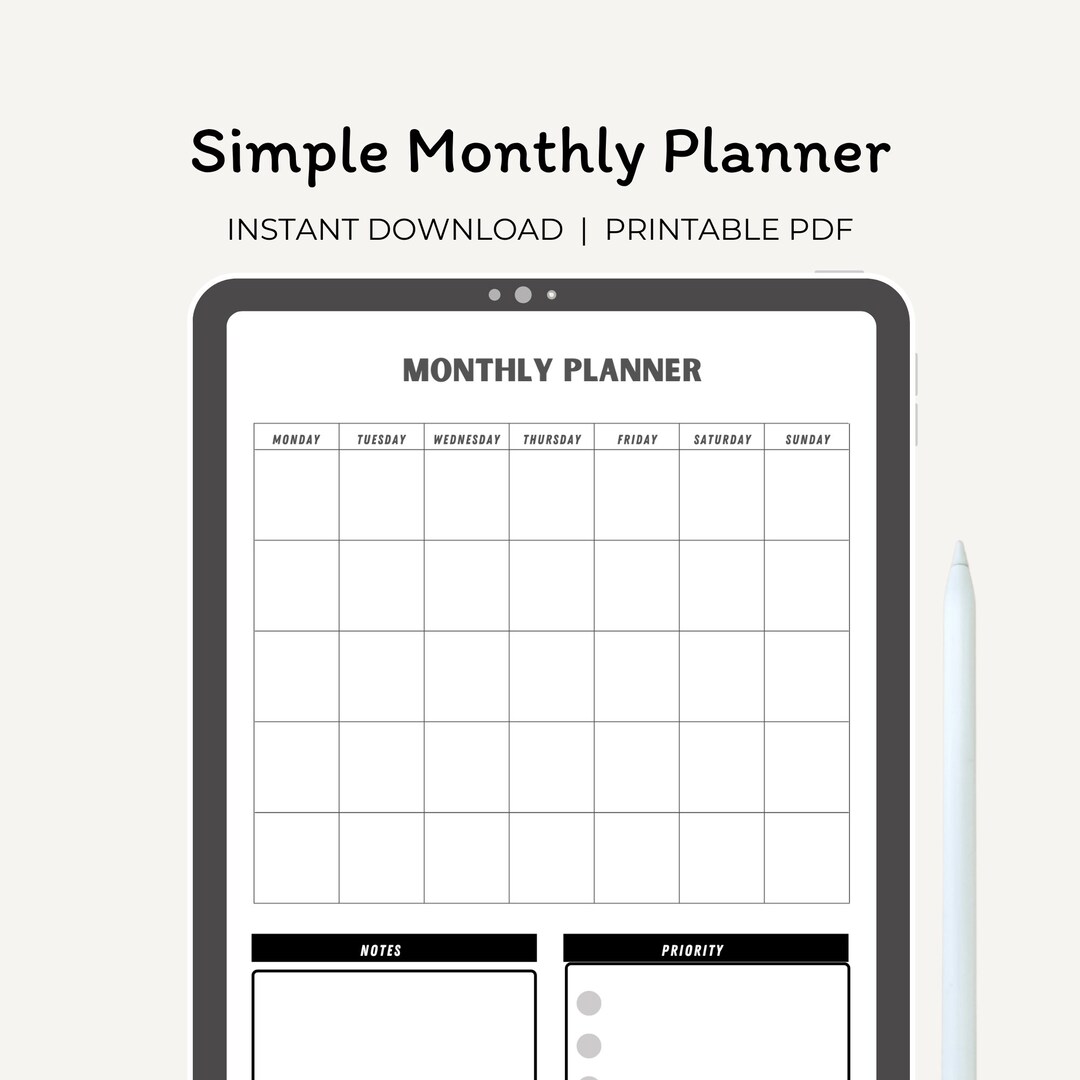 Monthly Planner Template, Undated Monthly Planner, Monthly Digital ...
