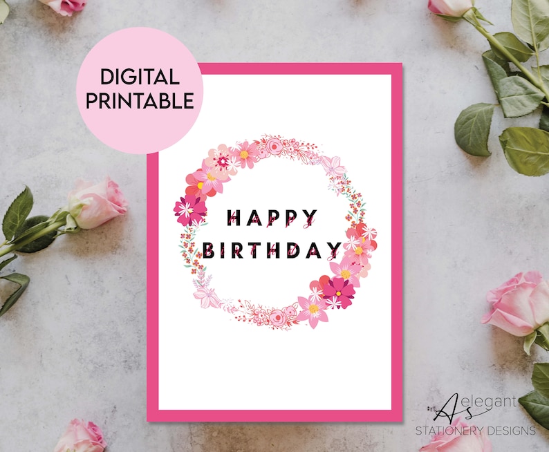 Printable Pink Flower Birthday Card | Digital Birthday Card | Floral ...