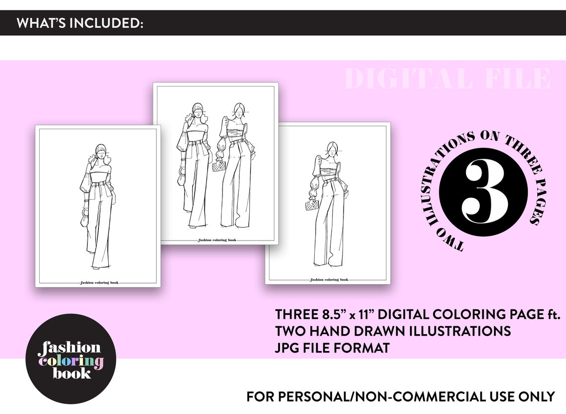 Modern Fashion Illustration Coloring Page for Adults - Two Denim Looks ...