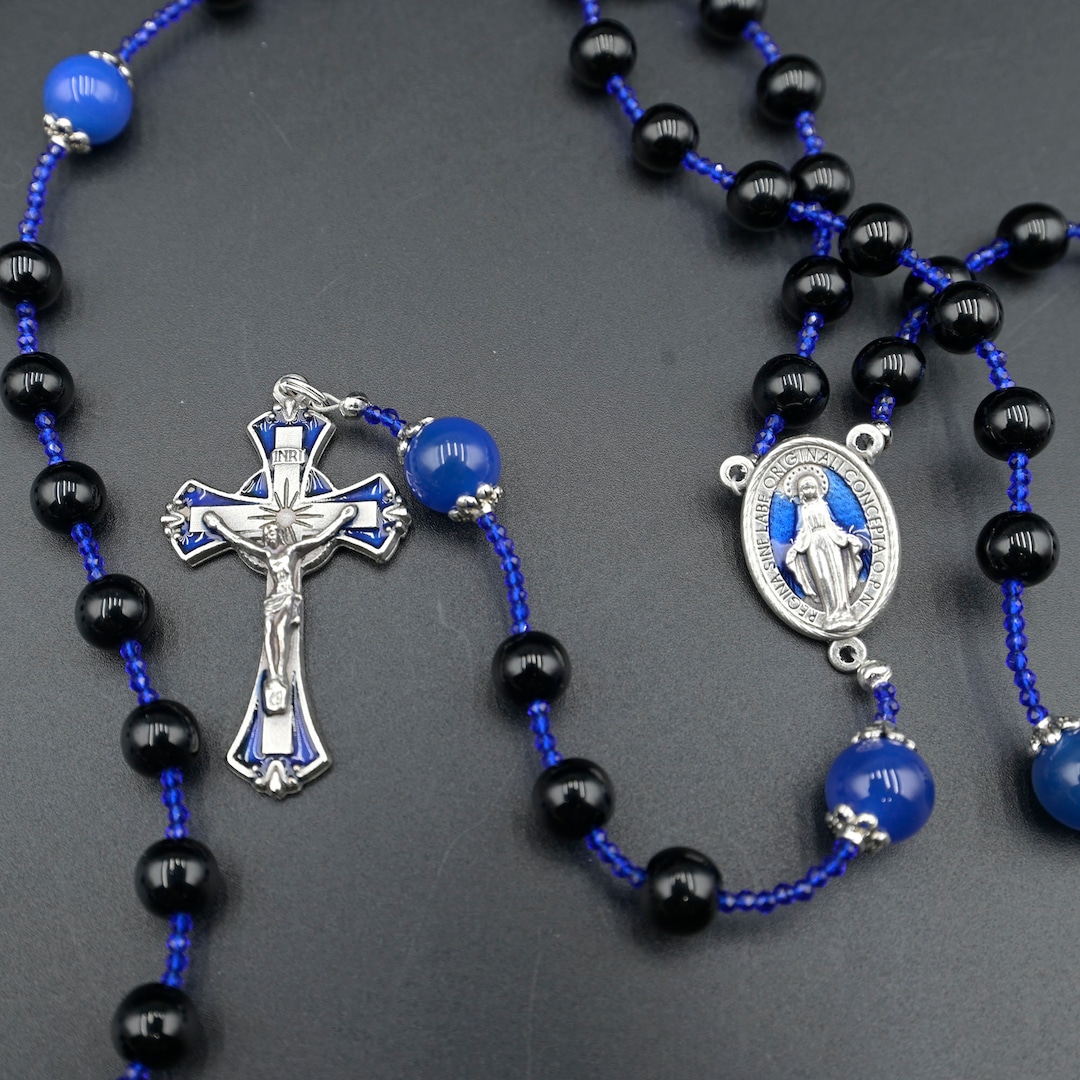 Handmade Rosary Real Gemstones Onyx and Blue Agate 2 Crucifix - Etsy