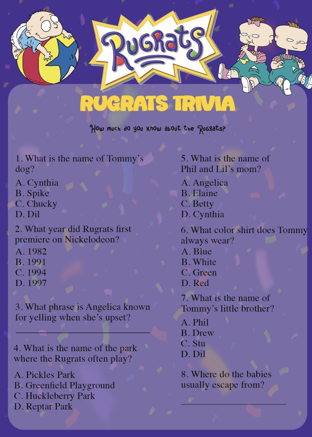 Rugrats Trivia Game | Printable Baby Shower Game | 90s Cartoon Theme ...