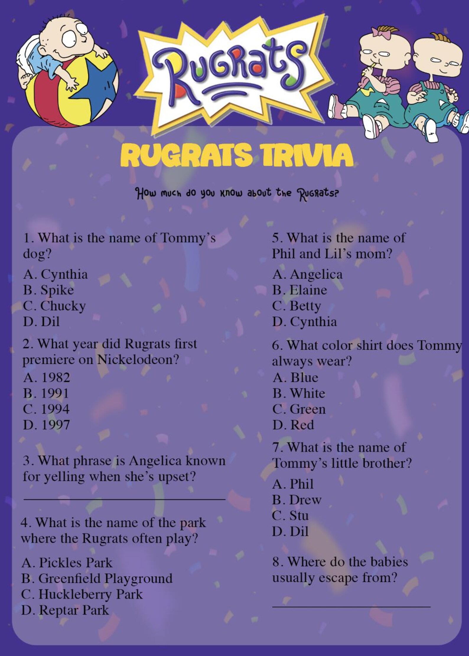 Rugrats Trivia Game | Printable Baby Shower Game | 90s Cartoon Theme ...