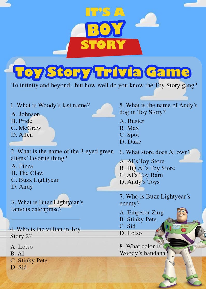 Toy Story Baby Shower - It's A Boy Story - Toy Story Trivia Game - Baby ...