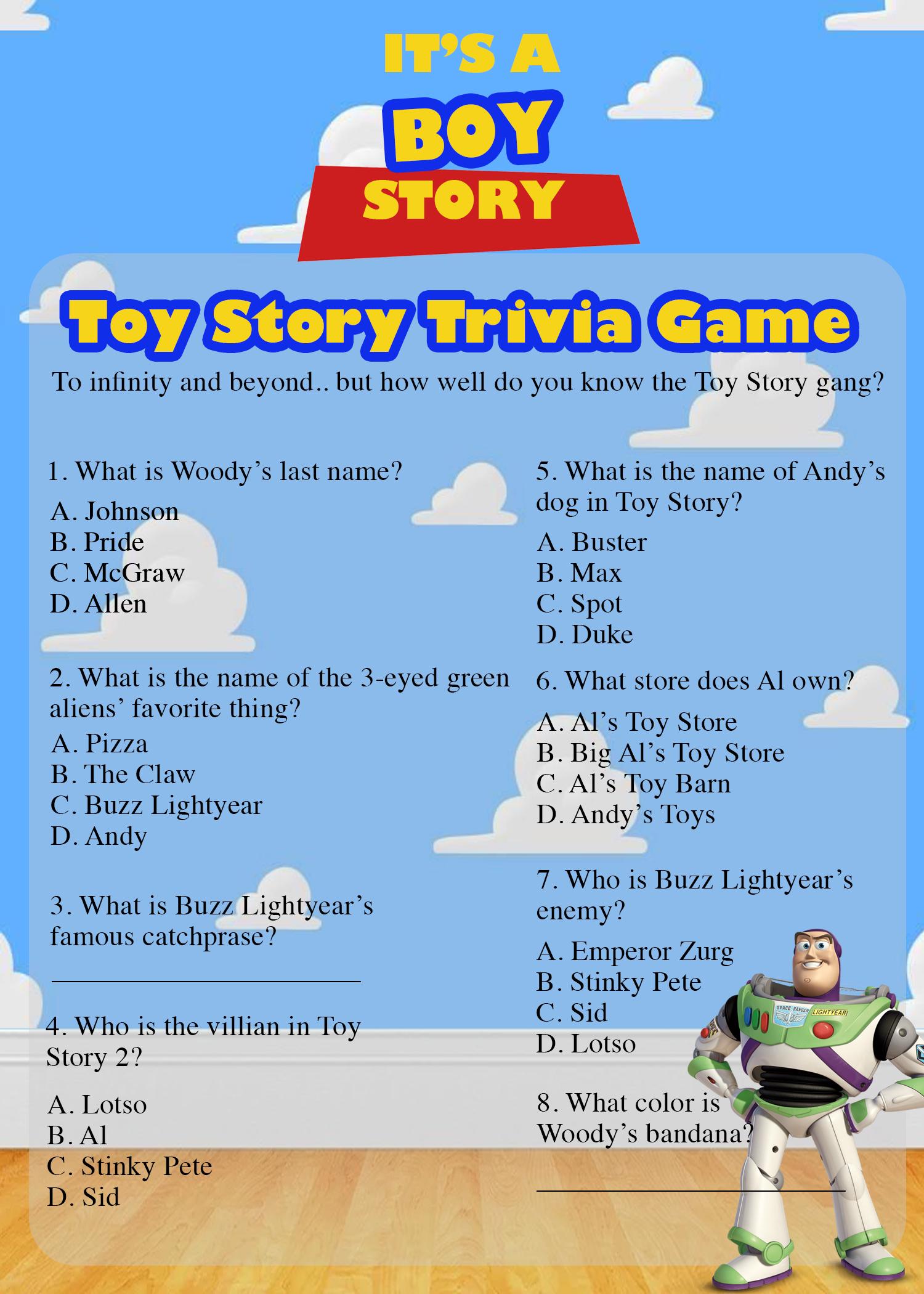 Toy Story Baby Shower - It's A Boy Story - Toy Story Trivia Game - Baby ...