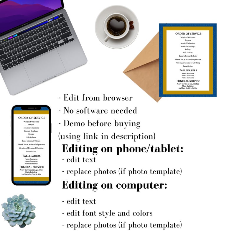 Minimalist Funeral Program Blue and Gold - Instant Download - Self ...