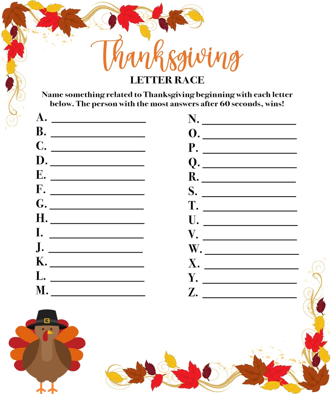 Thanksgiving Letter Race - Thanksgiving A-Z Race - Thanksgiving Family ...
