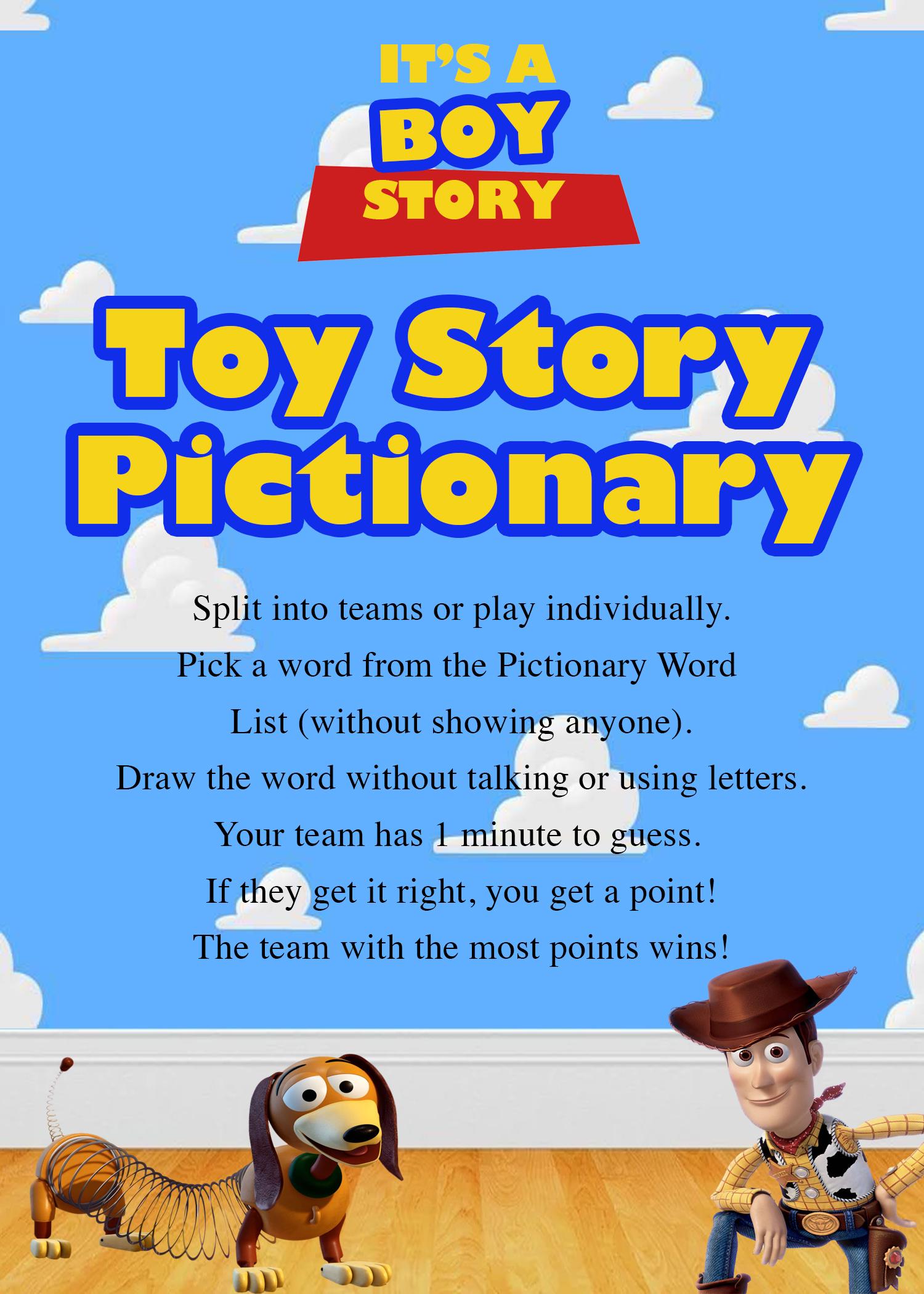 Toy Story Baby Shower - It's A Boy Story - Toy Story Pictionary Game ...