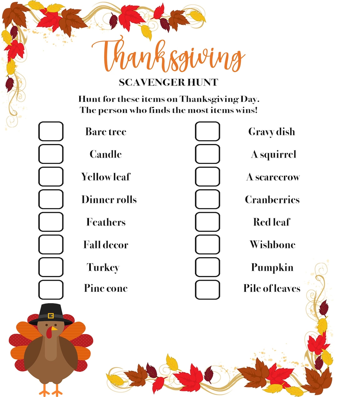 Thanksgiving Scavenger Hunt Game - Digital File - Digital Download ...