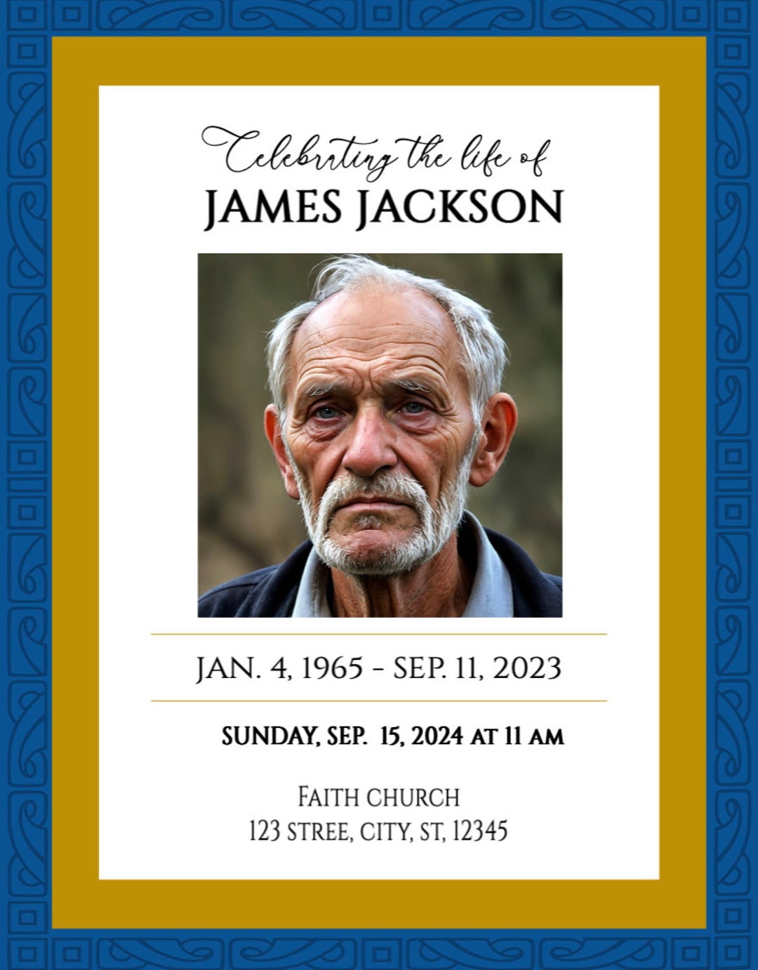 Minimalist Funeral Program Blue and Gold - Instant Download - Self ...
