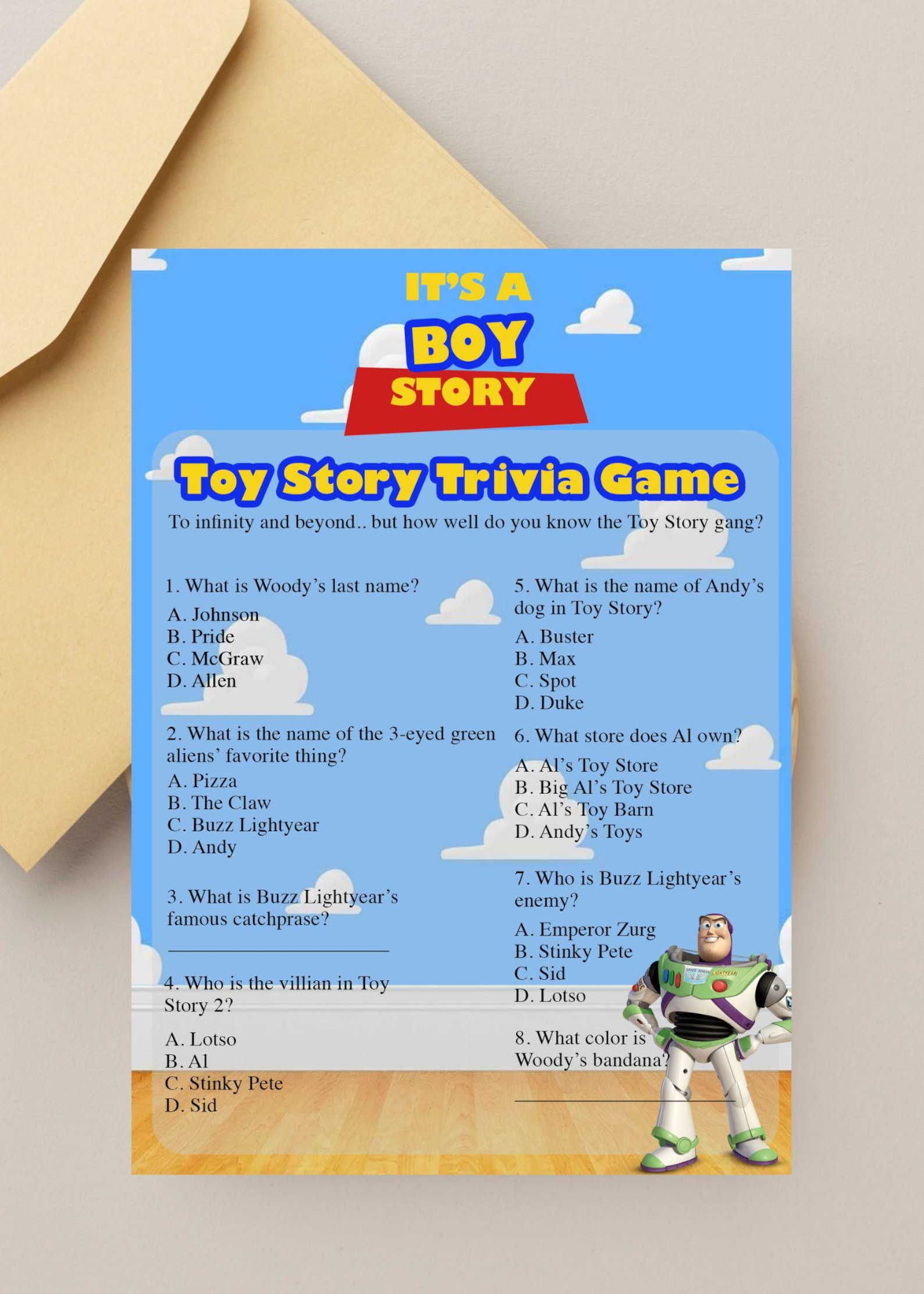 Toy Story Baby Shower - It's A Boy Story - Toy Story Trivia Game - Baby ...