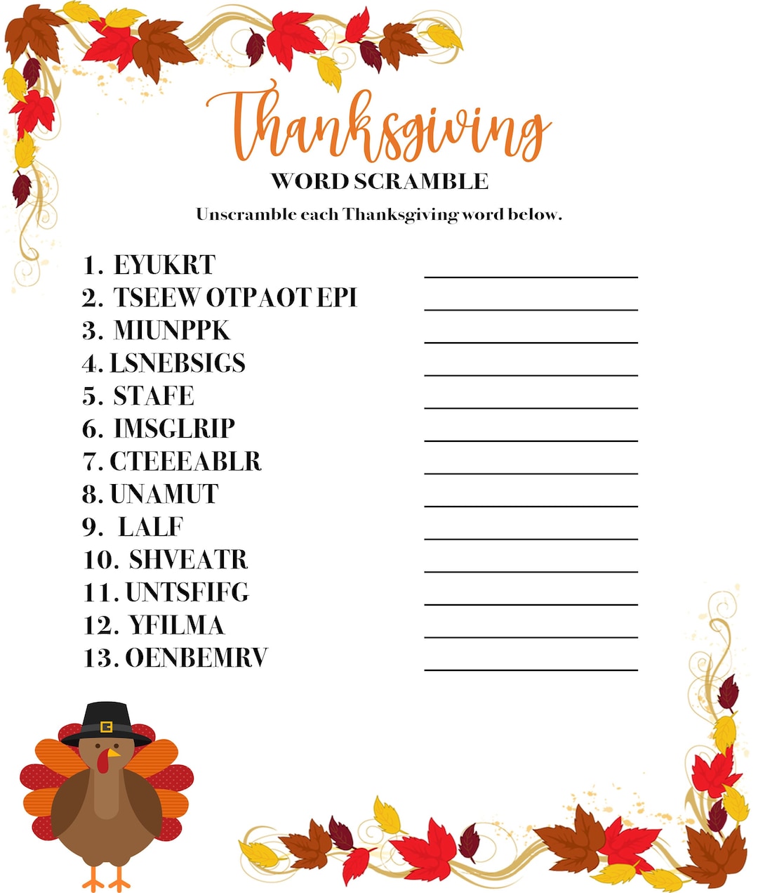 Thanksgiving Word Scramble Party Game - Thanksgiving Holiday Game ...