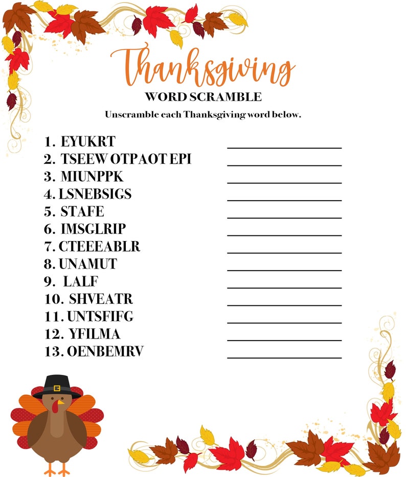 Thanksgiving Word Scramble Party Game - Thanksgiving Holiday Game ...