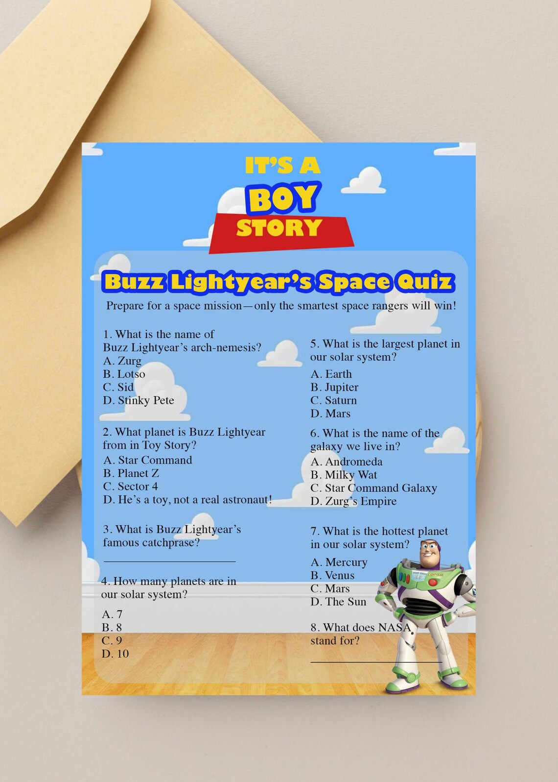 Toy Story Baby Shower - It's A Boy Story - Toy Story Space Quiz Game ...