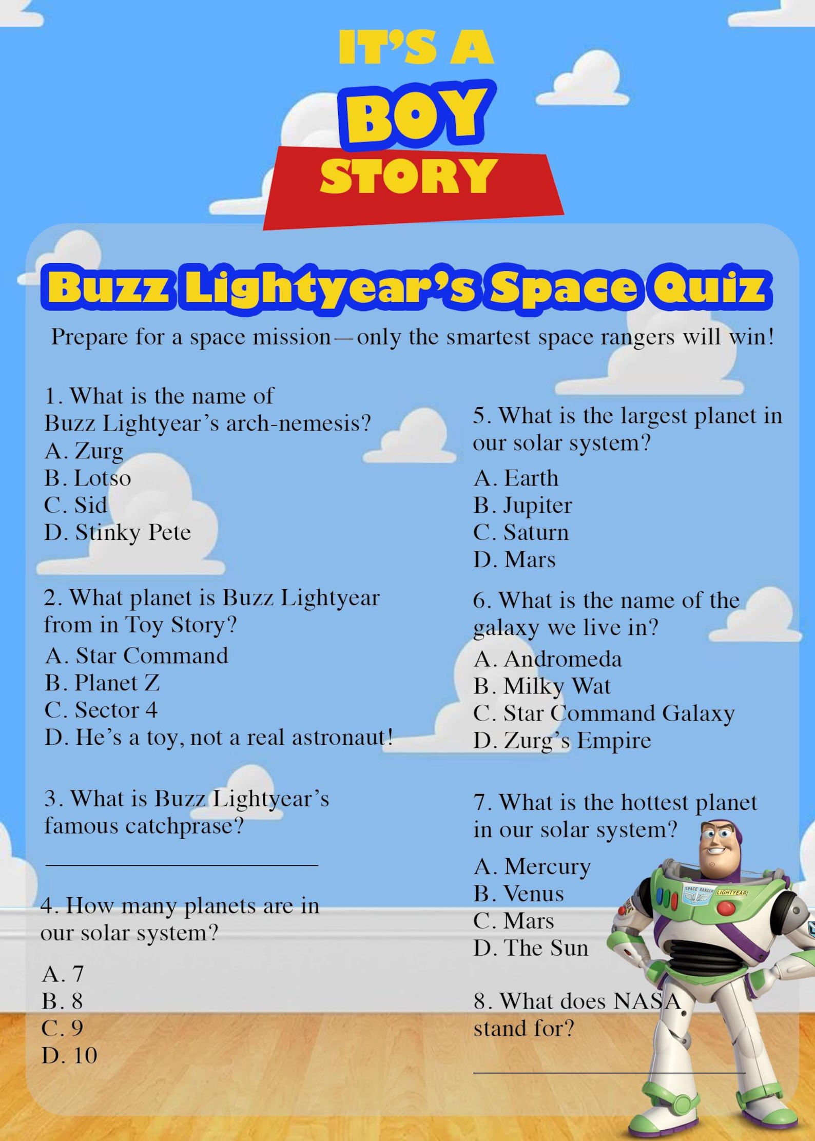 Toy Story Baby Shower - It's A Boy Story - Toy Story Space Quiz Game ...