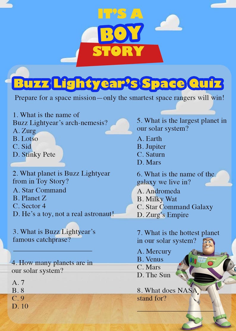 Toy Story Baby Shower - It's A Boy Story - Toy Story Space Quiz Game - Instant Download - Baby ...