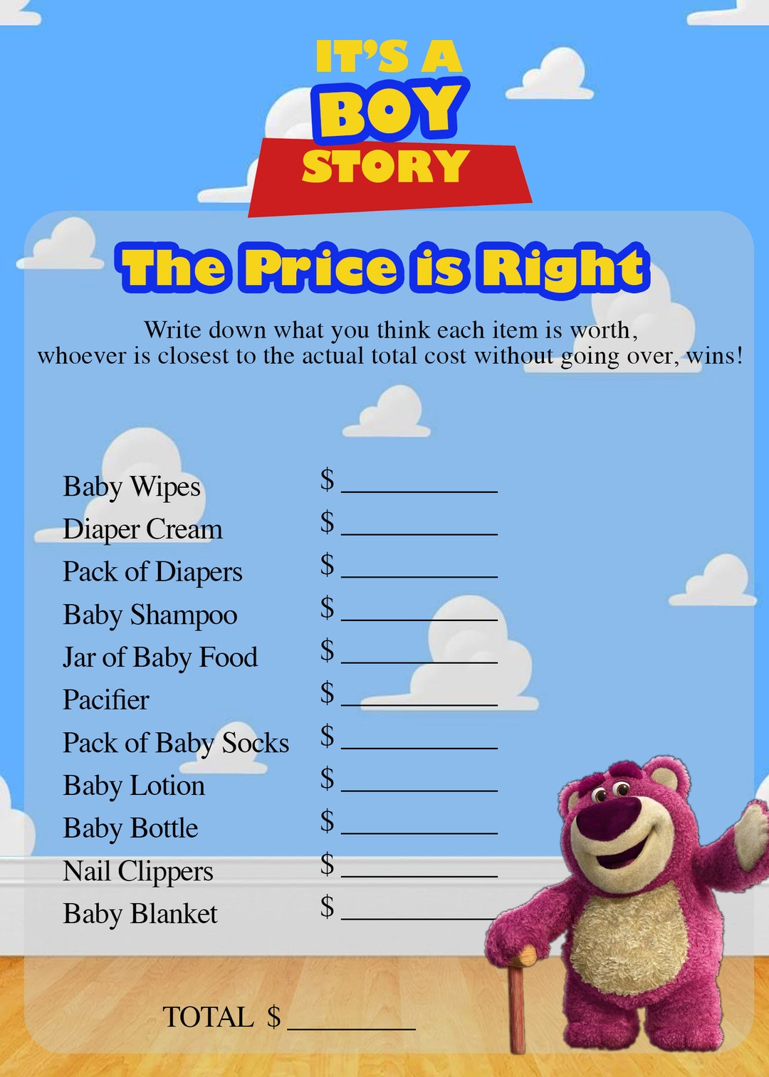 Toy Story 'it's A Boy Story' Baby Shower Game - Price is Right - Baby ...