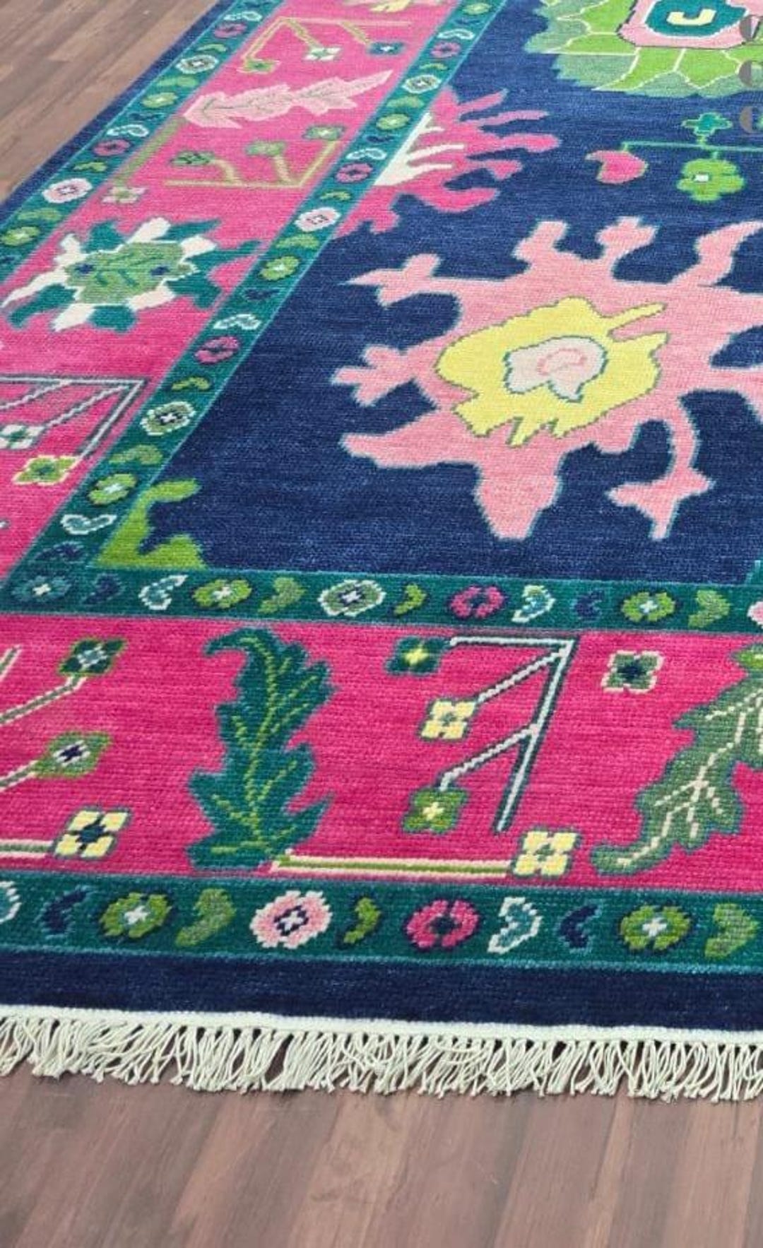 Handmade Uzbek Suzani Rug 8x10 – Navy Blue & Pink Wool Carpet, Colorful ...