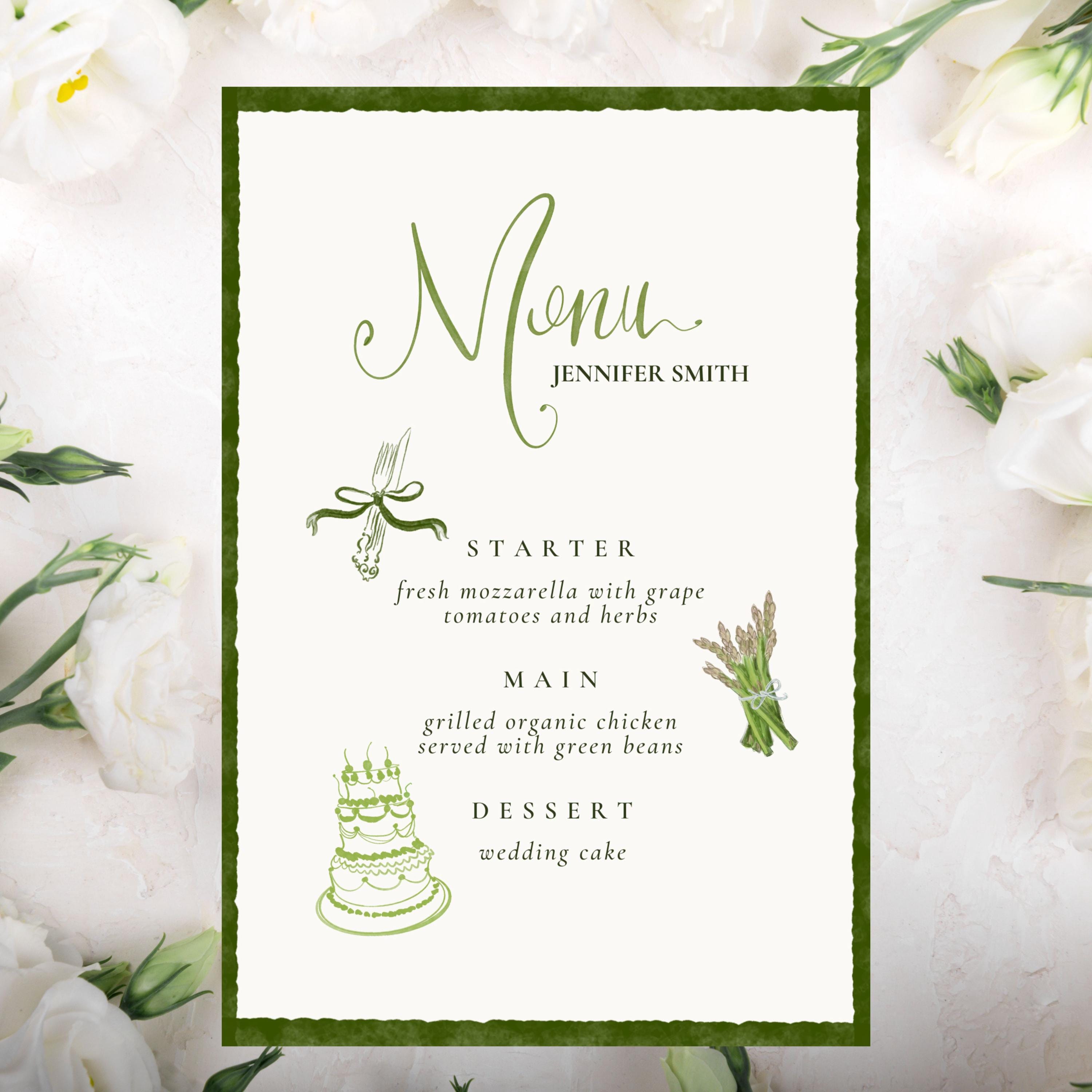 Elegant Green Dinner Menu Card Canva Template, Customizable Wedding ...