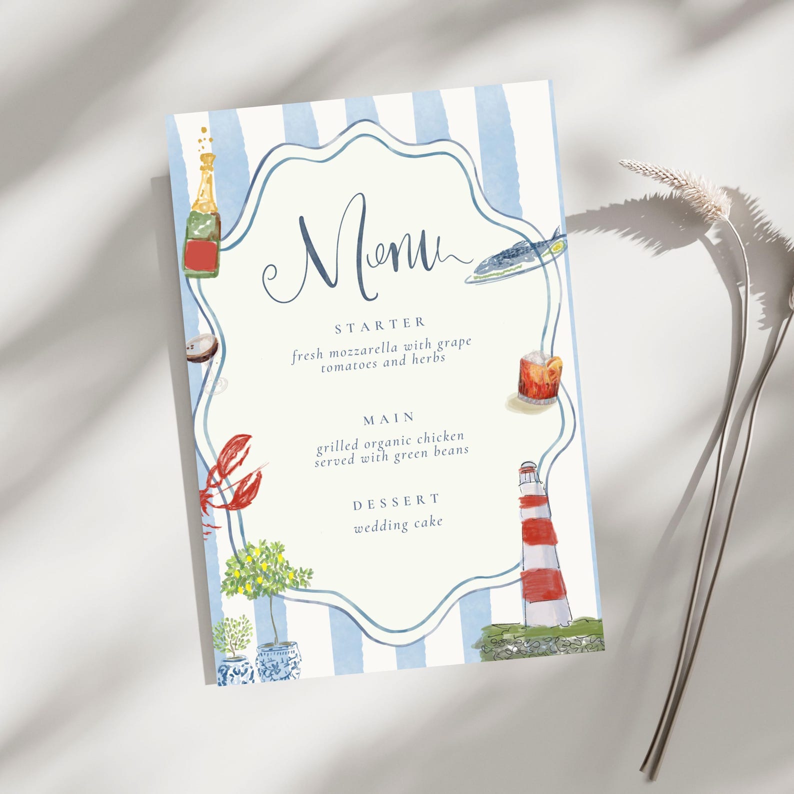 Coastal Wedding Dinner Menu Card Canva Template, Beach Inspired ...