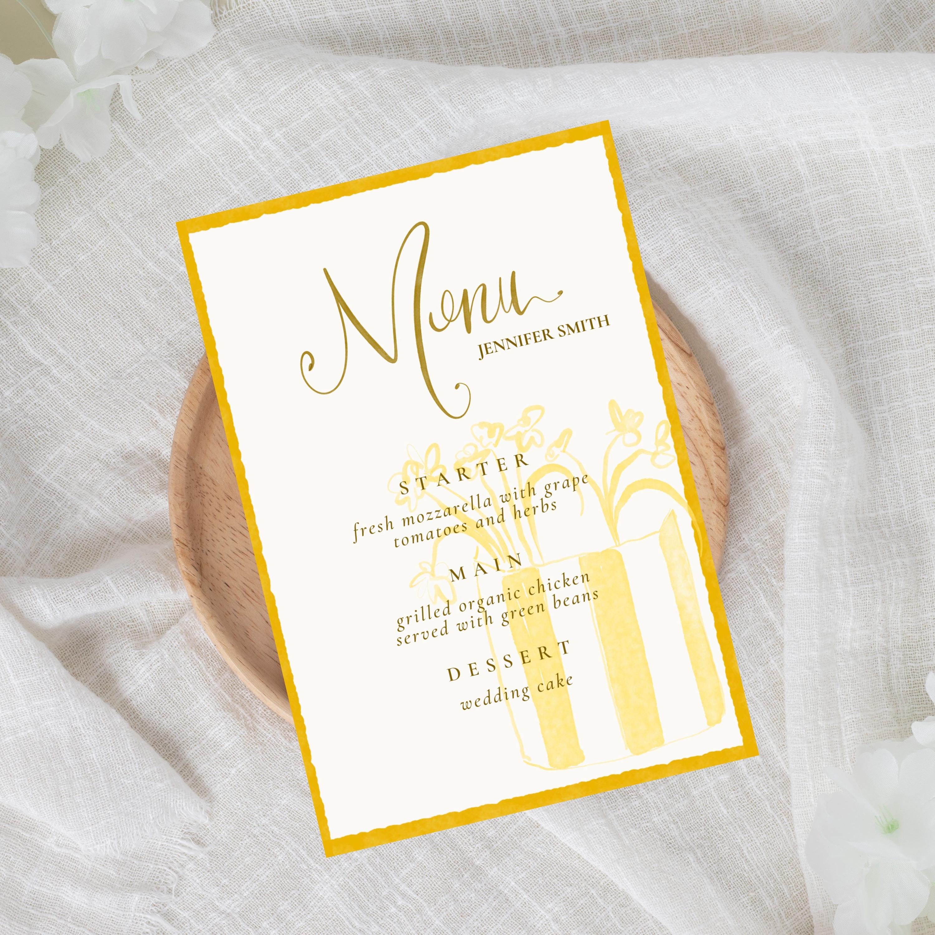 Yellow Flowers Dinner Menu Card Canva Template, Elegant Floral Wedding ...