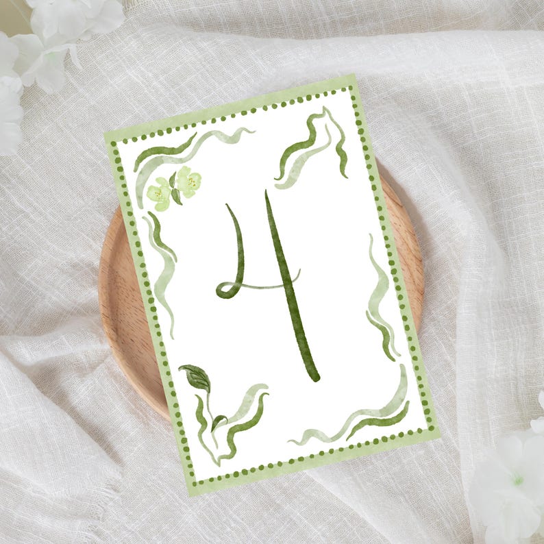 Green Wedding Table Numbers Canva Template, Hand Painted Reception ...