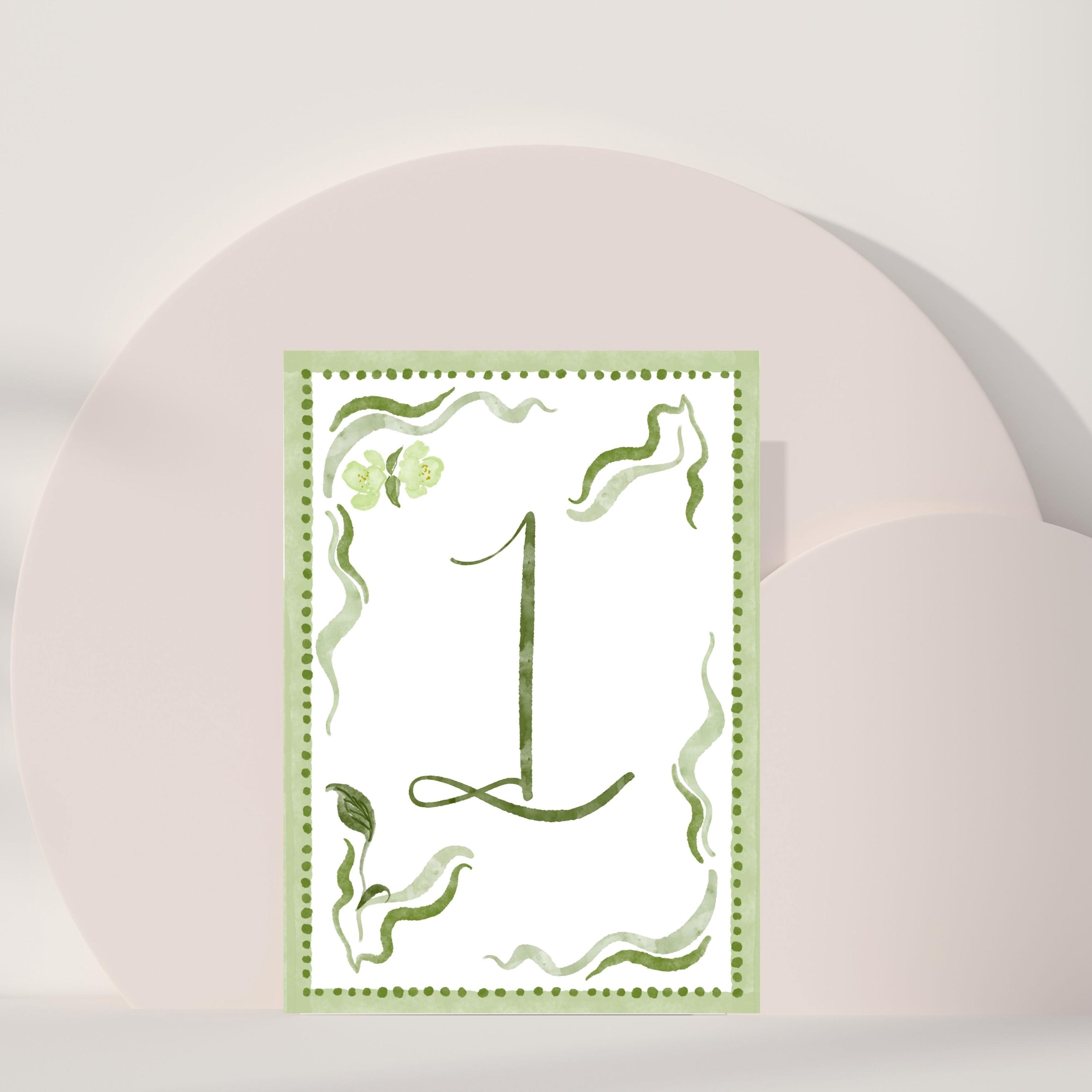 Green Wedding Table Numbers Canva Template, Hand Painted Reception ...