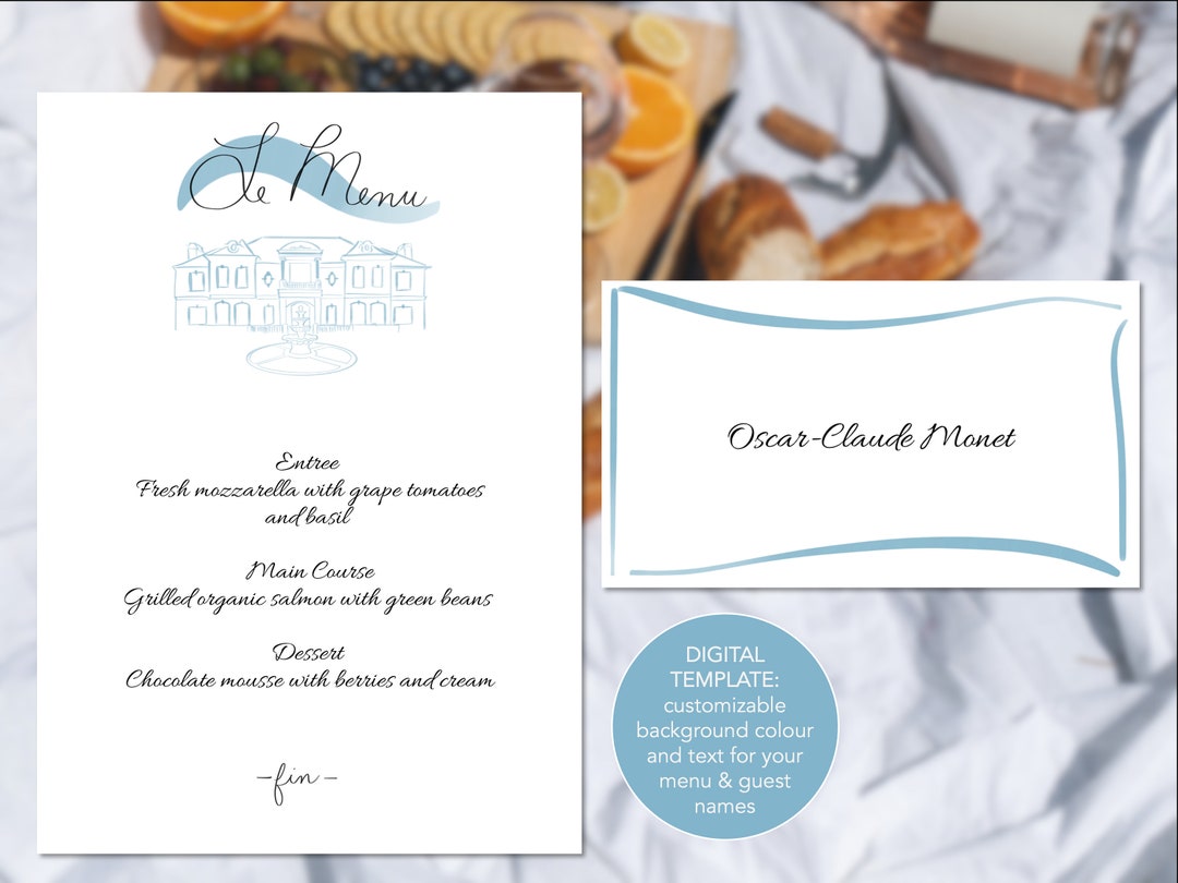 French Inspired, Hand Sketched, Chateau Menu and Place Card Template ...