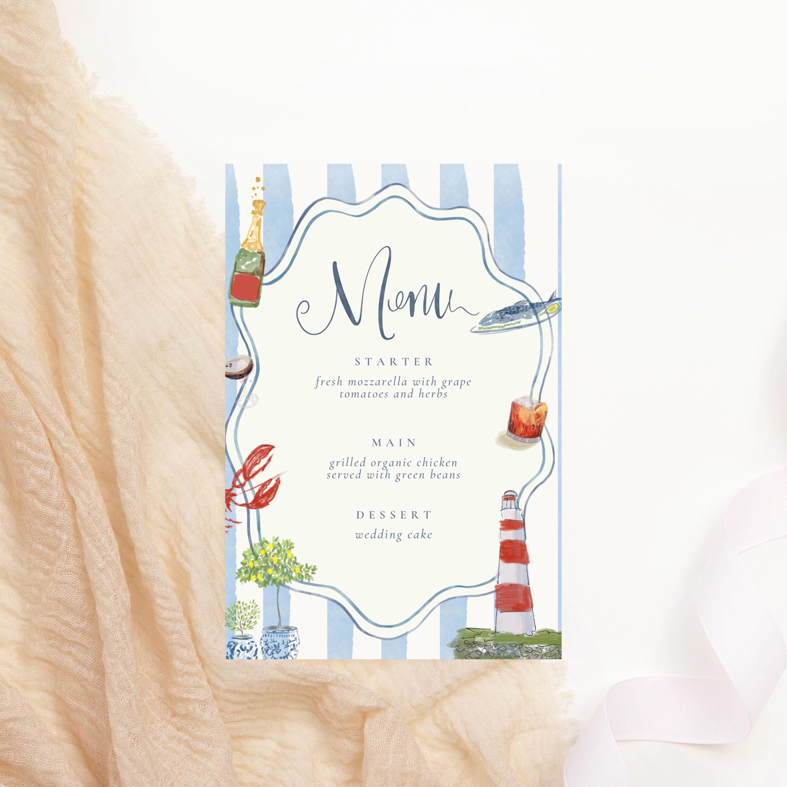 Coastal Wedding Dinner Menu Card Canva Template, Beach Inspired ...