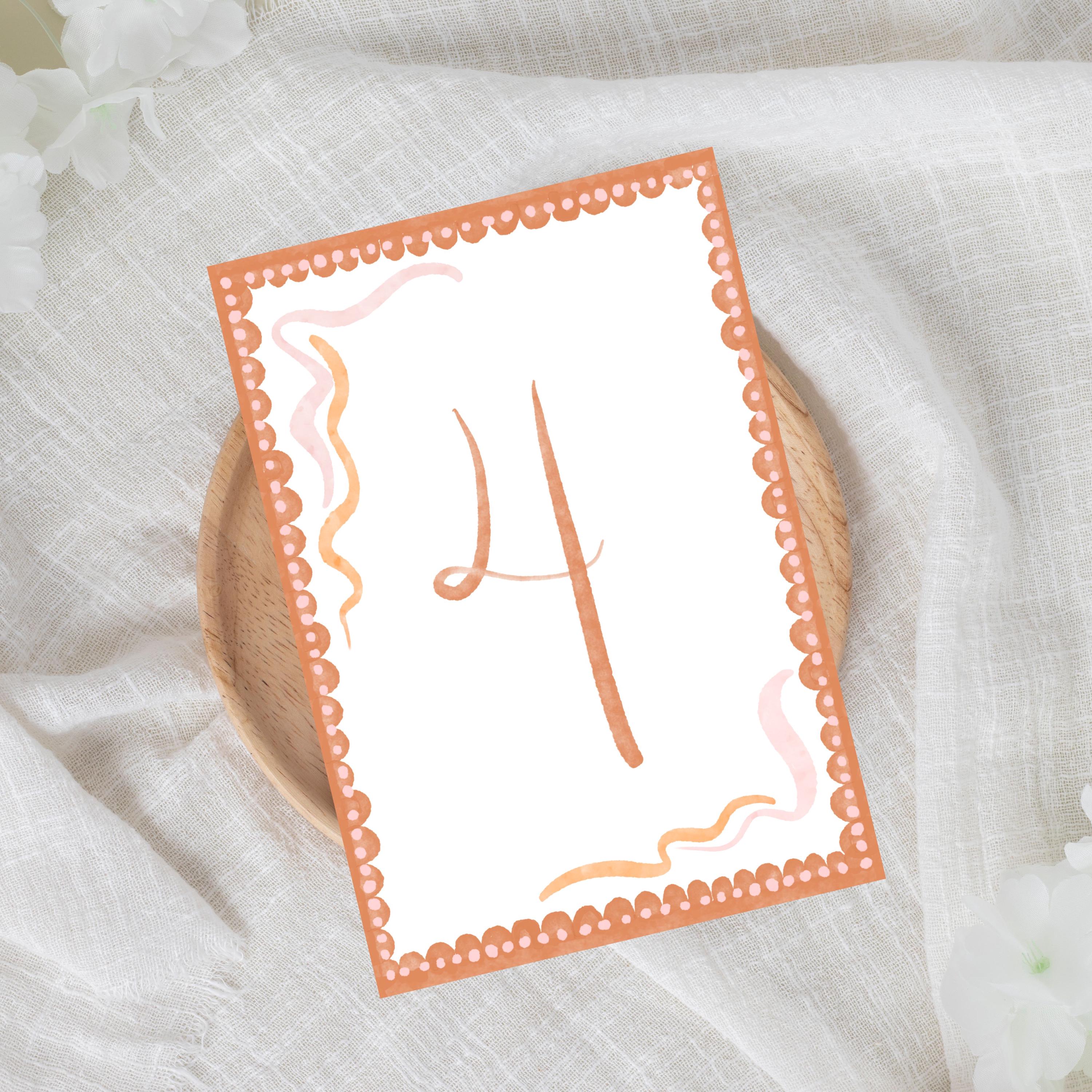 Peach Wedding Table Numbers Canva Template, Artisan Hand Painted ...