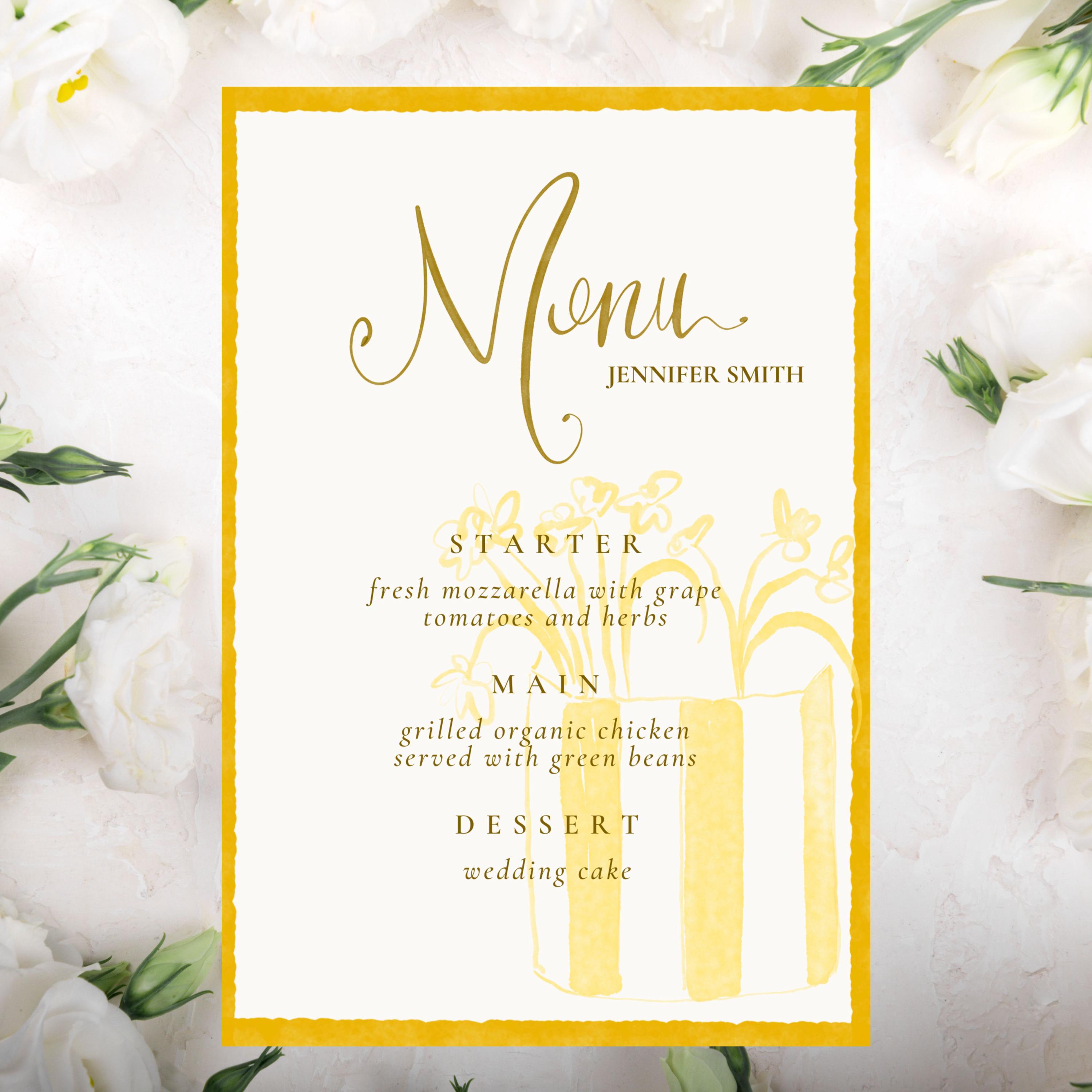 Yellow Flowers Dinner Menu Card Canva Template, Elegant Floral Wedding ...