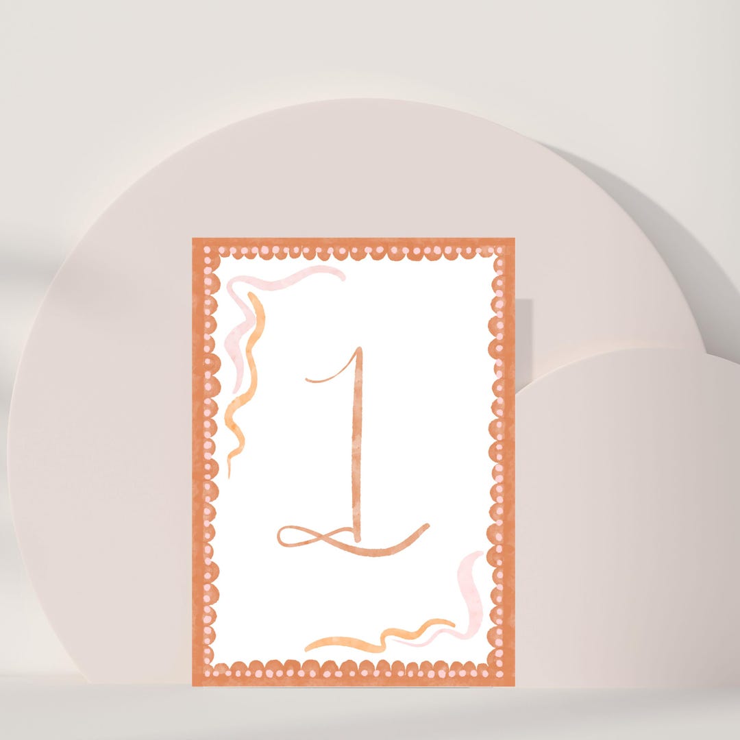 Peach Wedding Table Numbers Canva Template, Artisan Hand Painted ...