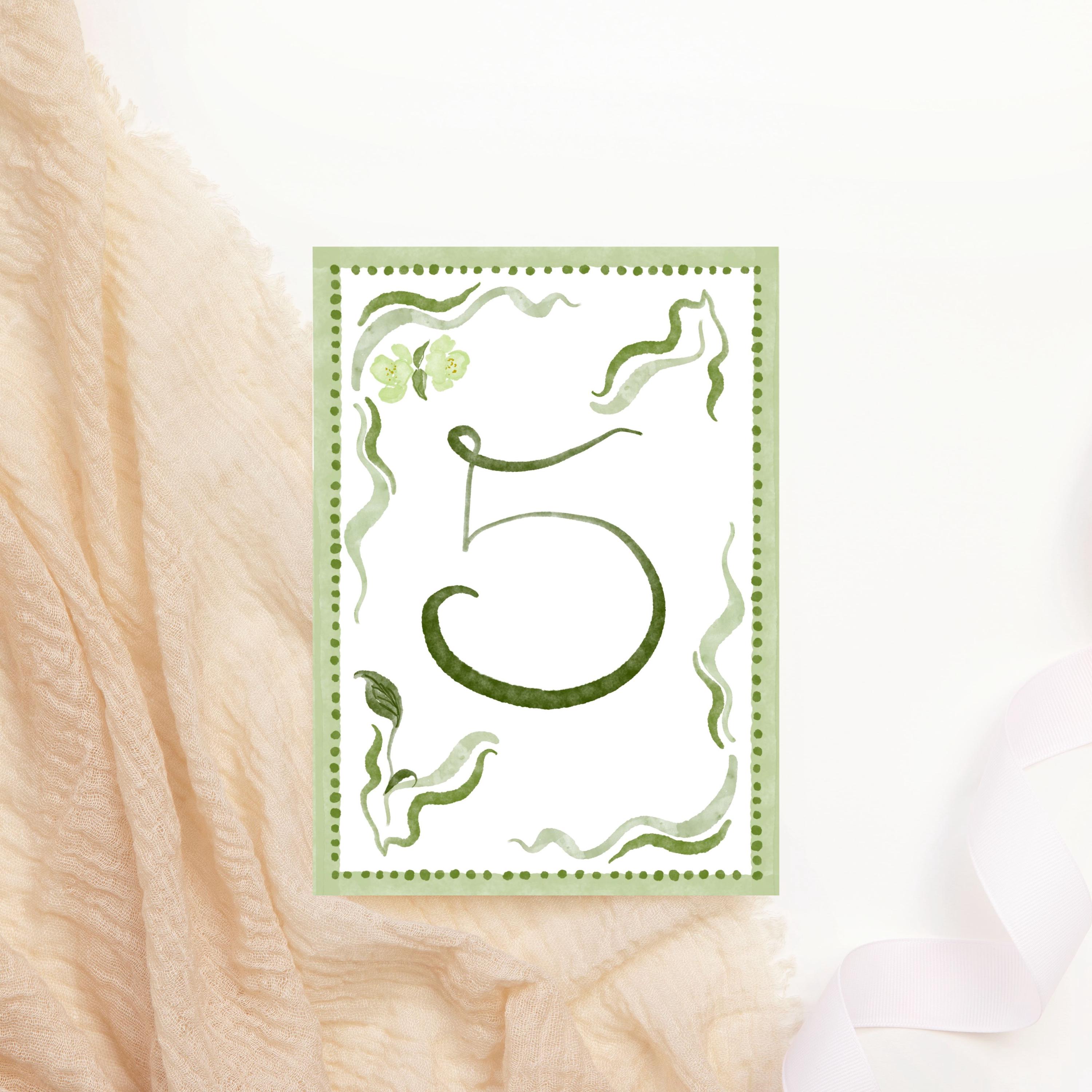 Green Wedding Table Numbers Canva Template, Hand Painted Reception ...
