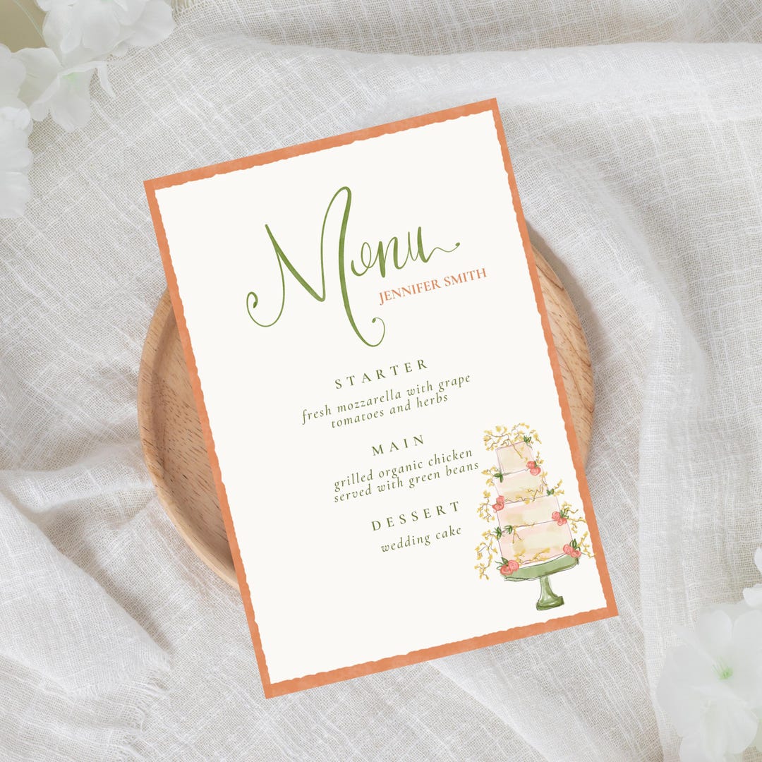 Peach Elegant Cake Dinner Menu Card Canva Template, Customizable ...
