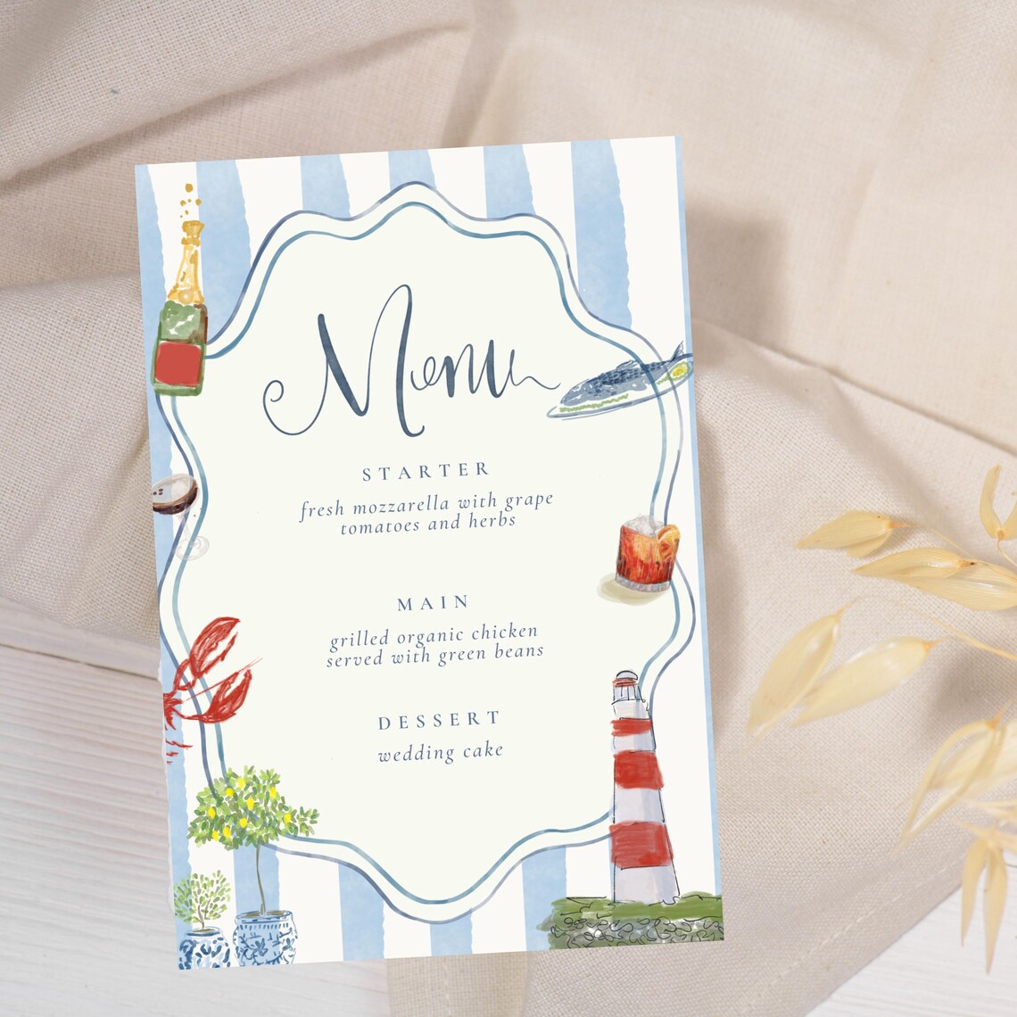 Coastal Wedding Dinner Menu Card Canva Template, Beach Inspired ...